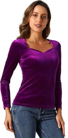 Allegra K Femmes Hauts en Velours Élégant T-Shirt À Manches Longues Et Col en Coeur Violet Foncé XL