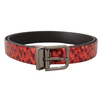 Dolce & Gabbana Roter Herringbone Leder G&uuml;rtel mit Grauem Schnallenverschluss - - Accessories - Herren - Rot - ONE SIZE