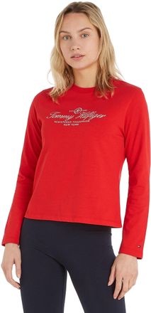 Tommy Hilfiger Damen Langarmshirt C-Neck Baumwolle, Rot (Fireworks), M