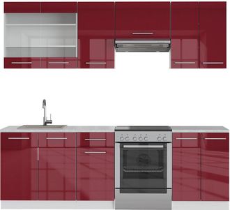 Vicco Küchenzeile Fame-Line, Bordeaux Hochglanz/Weiß, 240 cm ohne Arbeitsplatte