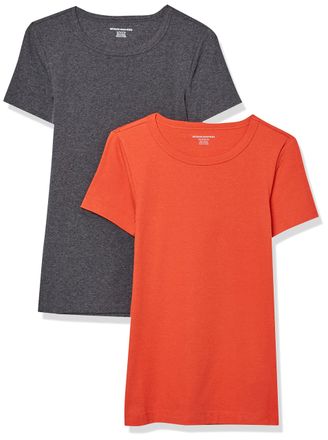 Amazon Essentials Damen Kurzärmeliges T-Shirt mit Rundhalsausschnitt, Schmale Passform, 2er-Pack, Dunkelgrau Meliert/Tomatenrot, XXL