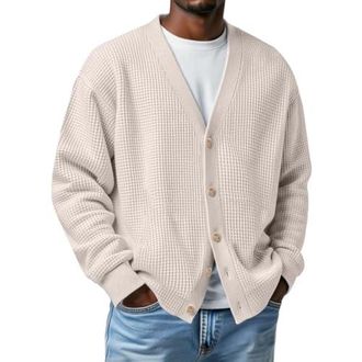 Generic Cardigan textur&eacute; gaufr&eacute; pour homme, manches longues, col en V, ouvert sur le devant, l&eacute;ger et boutonn&eacute;, abricot, XXL