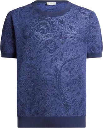 Etro Homme, Pulls, Bleu, Taille: L T-shirt en maille de coton avec motif floral cachemire