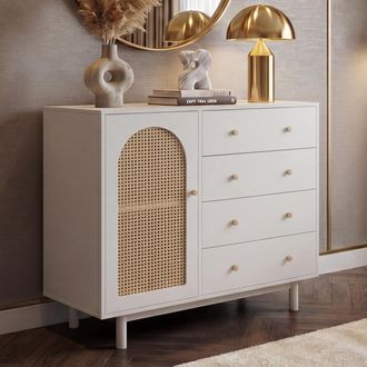 Mendler Kommode HWC-P52, Schrank Sideboard Highboard, Schubladen Stauf&auml;cher, Poly-Rattan MDF Melamin 95x100x40cm - wei&szlig;