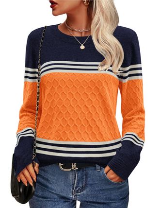 Zeagoo Pullover Damen Strickpulli Winter Colorblock Strickpullover Herbst Elegant Rundhals Pulli Langarm Sweater Oberteile Tops Orange S
