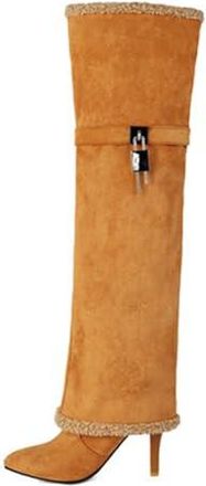 Generic Jaune,44 EU,Bottes Hautes en Daim pour Femmes, Bout Pointu, Talons Aiguilles, Bottes Longues avec Fermeture en métal, Chaussures habillées au-Dessus d