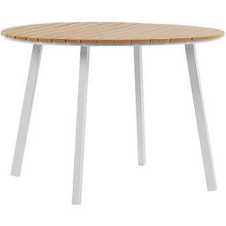 Beliani Table à Manger de Jardin Ronde 105 cm Effet Bois Marron avec Pieds en Aluminium Blanc Parfaite pour 4 Personnes et Extérieur Scandinave Beliani