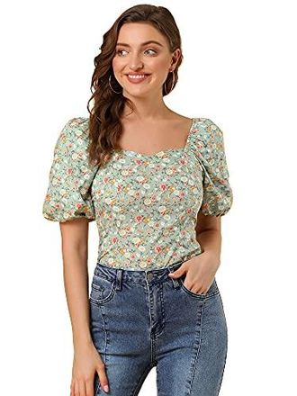 Allegra K Hauts &agrave; Fleurs &agrave; Smocks Paysan &agrave; Manches Bouffantes Prairie pour Femmes Vert M