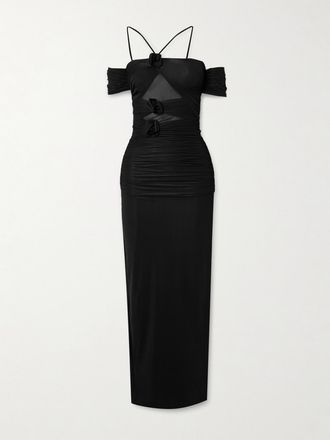Maygel Coronel Abisso Maxikleid Aus Stretch-jersey Mit Cut-out, Applikationen Und Raffungen - Schwarz