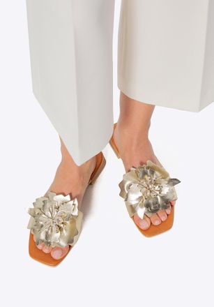 Wittchen Damen-Flip-Flops aus Leder mit goldenen Zierblumen, Naturleder