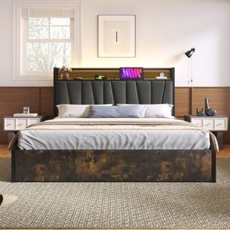 Liberte Lit Coffre Double 160x200 Cm,avec USB,design Vintage En Bois Et M&eacute;tal, Espace De Rangement