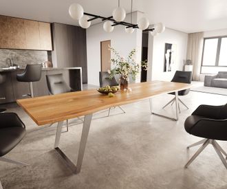 DELIFE Esstisch Edge 300x100x4 Eiche Natur Edelstahl Schr&auml;g Live-Edge, Esstische, Baumkantenm&ouml;bel, Massivholzm&ouml;bel, Massivholz