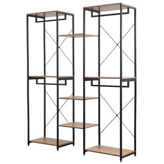 Woltu Kleiderst&auml;nder Kleiderschrank Garderobenst&auml;nder Kleiderstange 2+3+2 Ablagen mit Schuhregal aus Spanplatte und Stahlrohr Hell Eiche+Schwarz