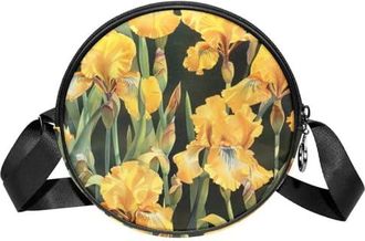 Generic Sac &agrave; bandouli&egrave;re Circle pour femme, petit sac &agrave; bandouli&egrave;re jaune floral iris avec fermeture &eacute;clair, bretelles r&eacute;glables, sac &agrave; main rond d&eacute;contract&eacute;