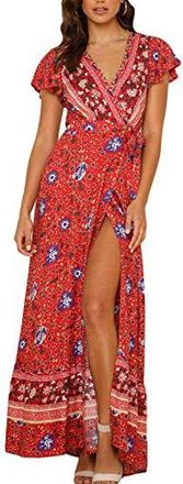 Minetom Robe Col V Fleur Manches Courtes Imprimé Floral Longue Décontracté Manche Courte Robes Ete Plage Maxi Robe avec Ceinture B Violet XL