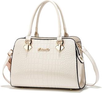 Nicole & Doris Moderne Handtaschen Damen Henkeltasche Elegante Mittelgroß Schultertasche Lackleder Umhängetasche für Büro Schule Einkauf Weiß