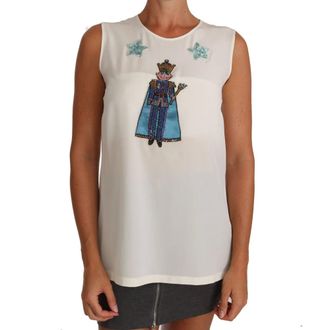 Dolce & Gabbana Femme, Tops, Blanc, Taille: 40 FR T-shirt Blanc en Soie avec Cristaux et Paillettes de Fée