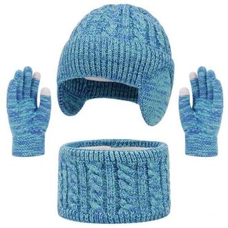 Generic Écharpe bonnet et tricotés pour enfants | ensemble hiver chaud avec mitaines tactiles accessoires hiver pour temps froid (Blue, One Size)
