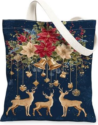 Generic Sacs fourre-tout en toile motif cerf de No&euml;l, &eacute;l&eacute;gants sacs d&eacute;picerie r&eacute;utilisables, rustiques, l&eacute;gers et lavables en toile, bleu marine, 13x15 Inch