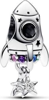 Pandora Pandora Moments Charm Fusée en argent sterling avec cristal rose, violet, bleu et vert et zircones cubiques transparentes