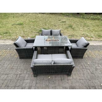Fimous Polyrattan Gartenm&ouml;bel Set Gasfeuerstelle Rechteckiger Esstisch Gasheizger&auml;t Sessel Liebe Sofa Sets 6-Sitzer - Fimous