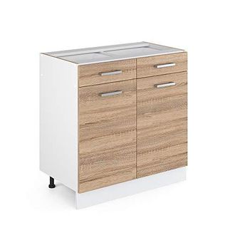 Vicco Meuble Bas Universel R-Line, Sonoma/Blanc, 80 cm avec tiroirs et Portes, sans Plan de Travail