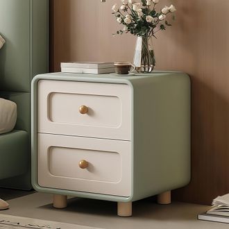 Generic Nachttisch Aus Leder Mit 2 Schubladen, Moderner Beistelltisch Mit Beinen Aus Massivholz, Nachtschrank Für Schlafzimmer Und Wohnzimmer(Green White,50cm