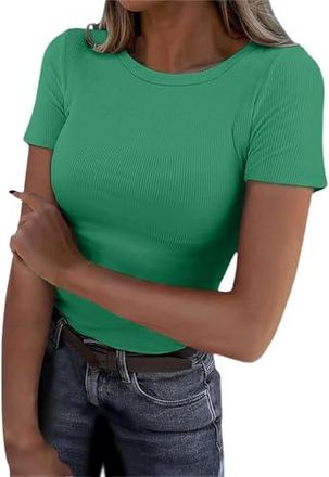 Generic T-shirt &agrave; manches courtes pour femme - Col rond - Maille c&ocirc;tel&eacute;e - Coupe ajust&eacute;e - T-shirt basique d&eacute;t&eacute; d&eacute;contract&eacute;, vert, M