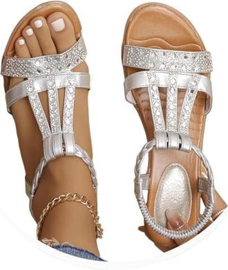 Onsoyours Sandale Femmes Compensees Été Mode Élégance Mules Sandales Bout Ouvert Rome Strass Bride Cheville Chaussures pour Plage Vacances B Argent 38 EU