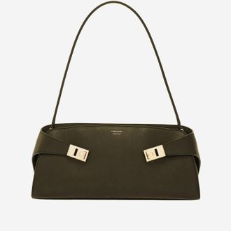 Ferragamo Womens Shoulder Bag Hug East-West Olive Green Leather
