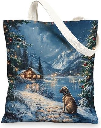 Generic Sac fourre-tout en toile motif chien Bullmastiffs de No&euml;l 33 x 38 cm, motif sc&egrave;ne enneig&eacute;e de No&euml;l, sac d&eacute;picerie r&eacute;utilisable pour femme, peinture da