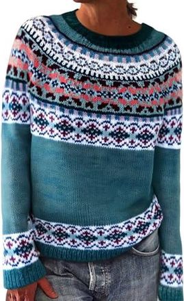 Generic Pull pour femme - Pull habill&eacute; tendance &agrave; rayures - Imprim&eacute; vintage - Col rond - Confortable - Doux et chaud - Pull surdimensionn&eacute; en tricot &agrave; manches