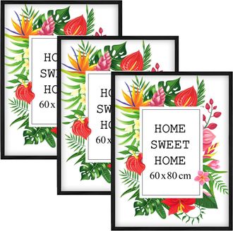 MG Design Set aus 3 Schwarz Bilderrahmen 60 x 80 cm - Aus echtem Holz mit Acrylglas, zum Aufhängen & Aufstellen, für Fotos, Poster & Puzzle