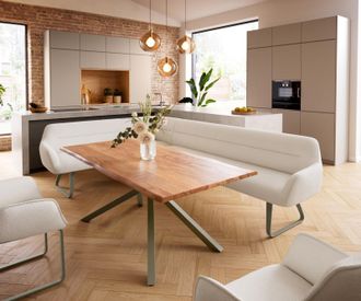 DELIFE Esszimmerbank Taya-Flex 285x190 cm Boucl&eacute; Creme-Wei&szlig; Kufengestell flach Effektfinish Titan Taschenfederkern Rechts, B&auml;nke