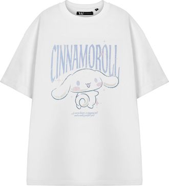 Hello Kitty & Friends Damen Weißes Kurzarm-T-Shirt | Cinnamoroll Grafik-T-Shirt für Damen | Sanrio-Charakter-Print-Shirt | Hallo Kitty, Meine Melodie, Kuromi