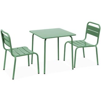 Sweeek Salon de jardin enfant. table et chaises en m&eacute;tal - Anna vert de gris. 2 places. table et chaises. 48x48cm