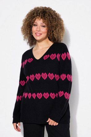 Ulla Popken Strickpullover Pullover Herzen V-Ausschnitt Langarm