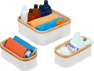 Relaxdays Aufbewahrungskorb 3er Set, Badkörbe in 2 Größen, Bambus & Polyester, stapelbar, für alle Räume, weiß/creme