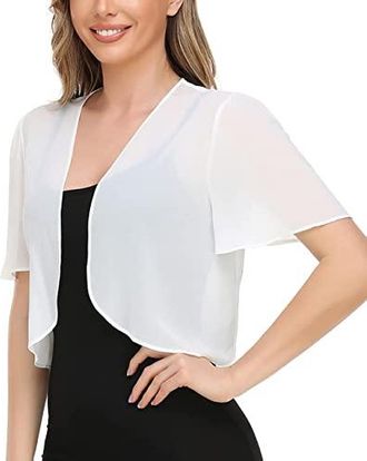 ORANDESIGNE Boléro en Tulle Femme Court Cardigan Gilet Court Elégant Mariage Manche Courte Boléro Haussement Veste Ouverte Chic pour Robe Bretelle Mariage D Blanc