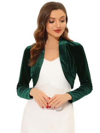 Allegra K Damen Samt Bolero Cocktail Offen Vorderseite Velvet Crop Jacke Elegant Festlich Shrug Dunkelgr&uuml;n XL