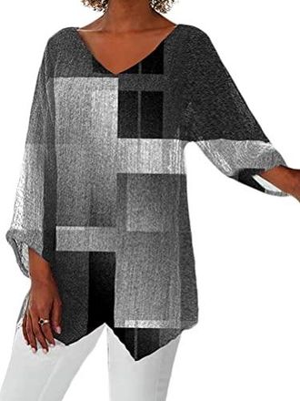 Onsoyours Femme Tunique À 3/4 Manches Longues Chemise Élégant Imprimée Blouses Casual Vintage Ample Swing T-Shirt Grande Taille Comfortable Chemisier Hauts Pull
