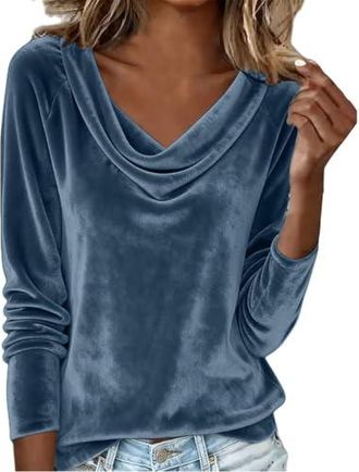 Minetom Haut &Agrave; Manches Longues en Velours pour Femmes Sexy Col B&eacute;nitier Tops T-Shirt Chemisier &Eacute;l&eacute;gant Pullover Blouse Mode D&eacute;contract&eacute; A Bleu M