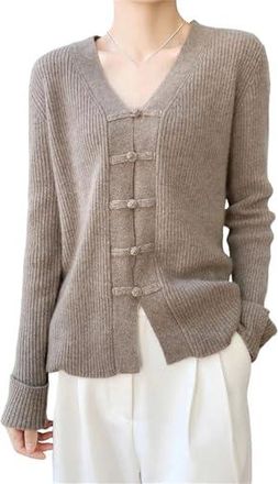 Generic Cardigan d&eacute;contract&eacute; ample &eacute;l&eacute;gant &agrave; col en V pour femme - Doux et chaud - 100 % laine m&eacute;rinos - Pull r&eacute;tro, camel, Taille XL