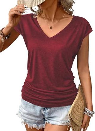 Zeagoo Débardeur Femme Élégants Tops Loisirs Été Col en V Uni Plissé T-Shirt Tunique Stretch Chemisier Vin Rouge XL