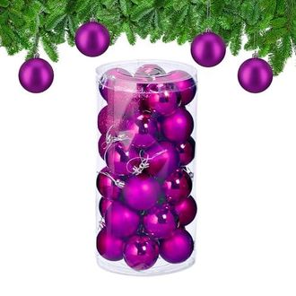 Relaxdays Weihnachtskugeln im 30er Set, Kunststoff, D: 6 cm, runde Weihnachtsbaumdeko, Baumschmuck bruchsicher, pink
