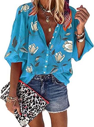 Onsoyours Femme Eté Chemisier Bohème Imprimée Manche Courte Mousseline De Soie Blouse Boho Chic Col en V Grande Taille Shirts Haut Top X Bleu S