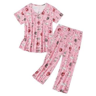 Generic Pyjama à manches courtes pour femme - 2 pièces - Pour le printemps et lété - Motif mignon - Haut et pantalon de pyjama - Vêtement de nuit avec col en 