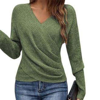 Generic &Eacute;l&eacute;gant pull en tricot d&eacute;contract&eacute; pour femme, manches col en V, haut en tricot, haut cor&eacute;en, vert militaire, XXL
