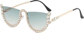 Generic Lunettes de soleil semi-rondes 2026 pour femme - Dégradé vintage - Sans monture - Avec strass - Tendance, Cyan dégradé, Taille unique