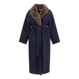 P.A.R.O.S.H. P.a.r.o.s.h. - Manteau en laine avec col en fourrure et ceinture - Femme - Manteaux - Bleu - Taille: 38 FR